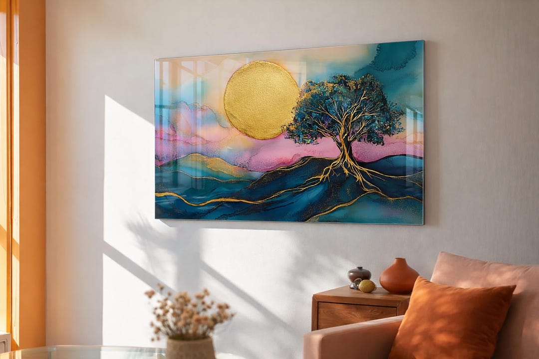 Golden Sun Tree Tempered Glass Wall Art – Abstract Landscape - Etsy
