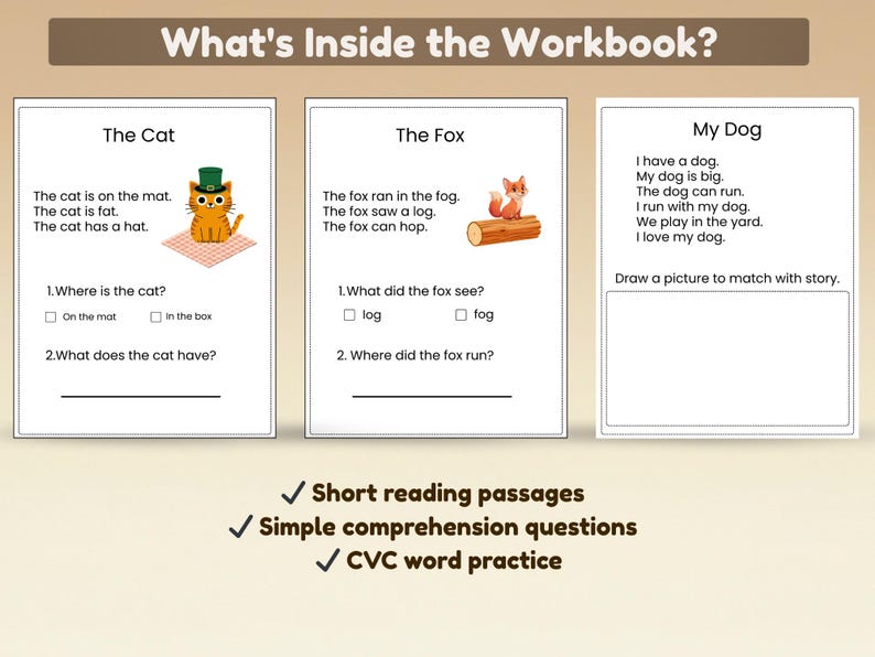 CVC Short Vowel Kindergarten Reading Comprehension Worksheets ...