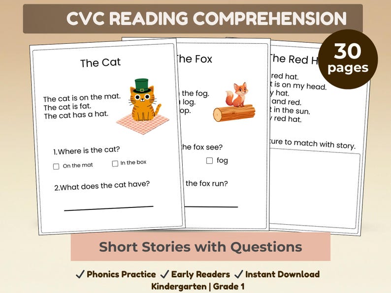 CVC Reading Comprehension Worksheets | Kindergarten Phonics Passages ...