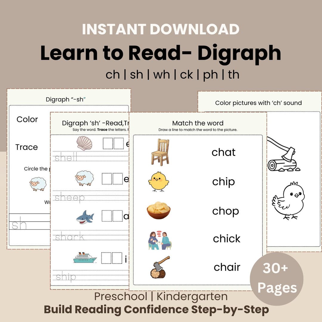 Digraph Worksheets Kindergarten Phonics Workbook | Sh Ch Th Wh Ph Ck ...