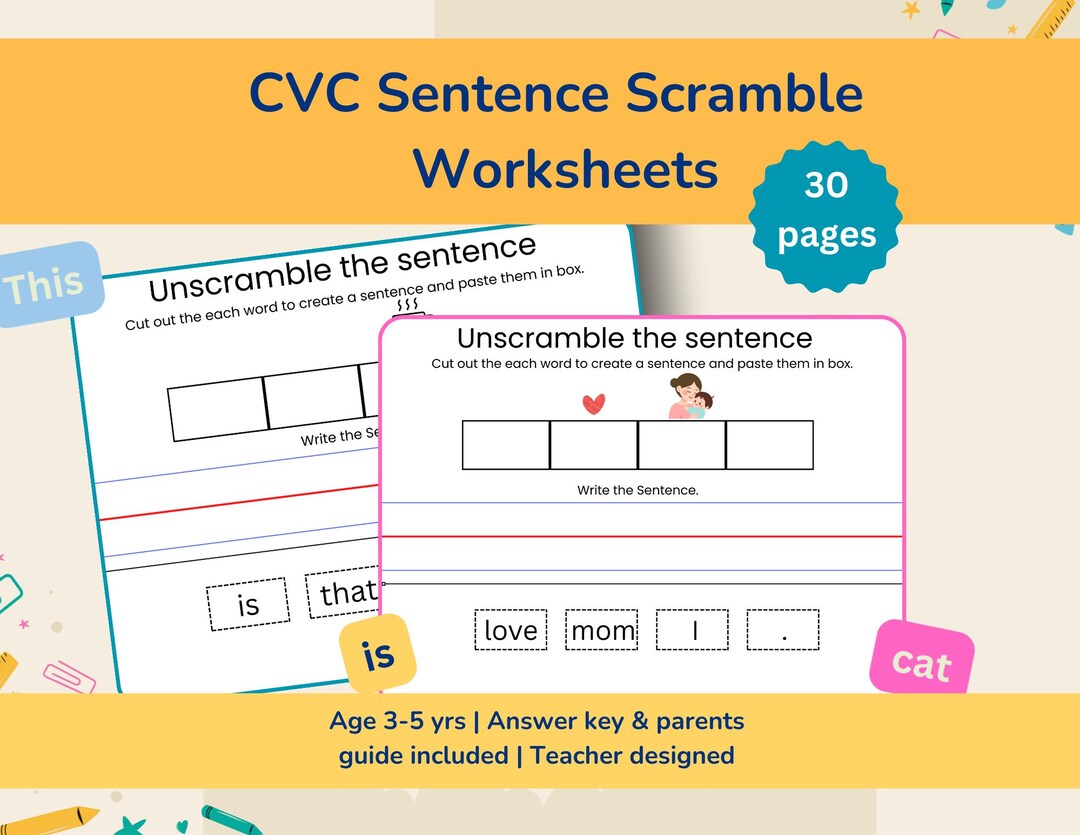 CVC Cut and Paste Sentence Worksheets | Phonics Sentence Building ...