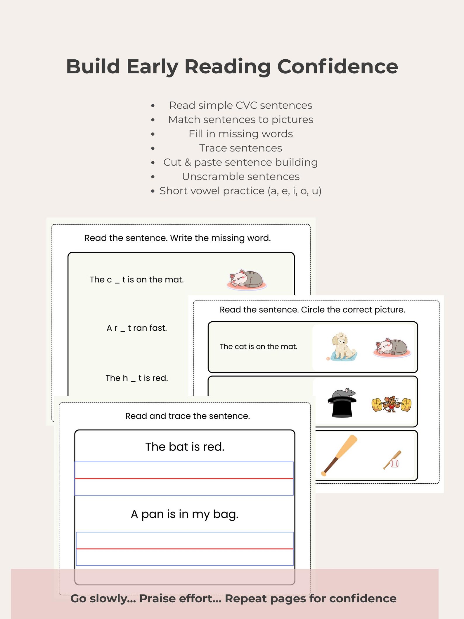 CVC Sentence Reading Worksheets | Kindergarten Phonics Practice (PDF ...