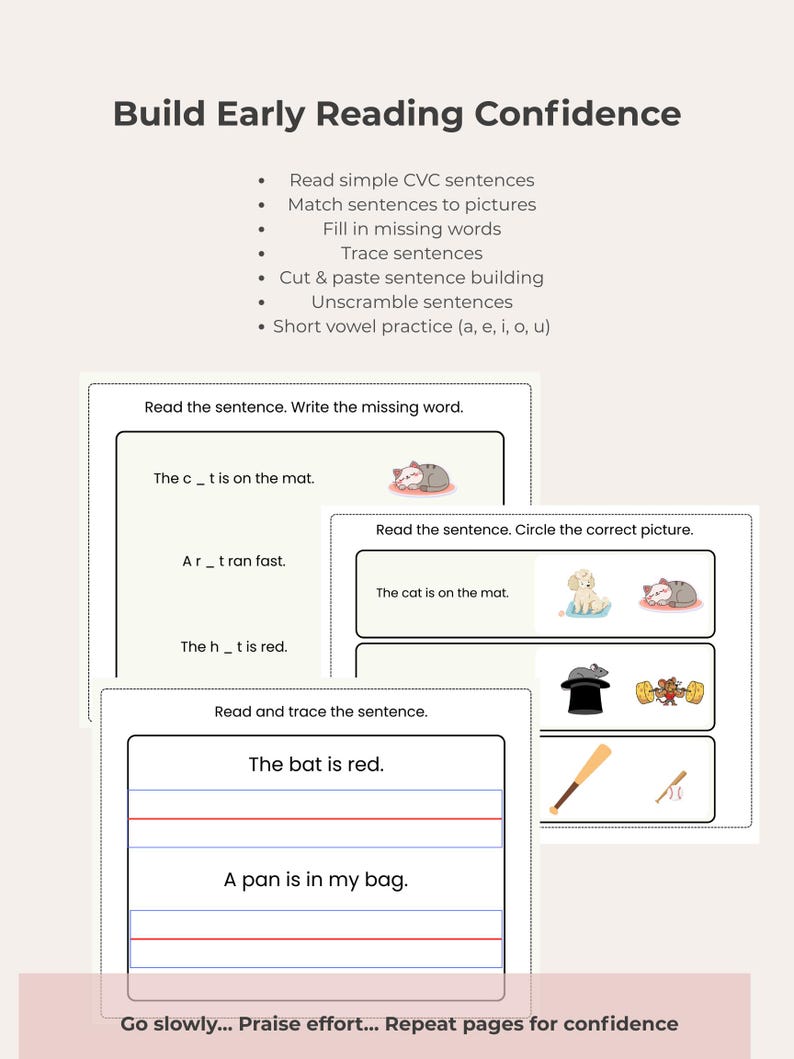 CVC Sentence Reading Worksheets | Kindergarten Phonics Practice (PDF ...