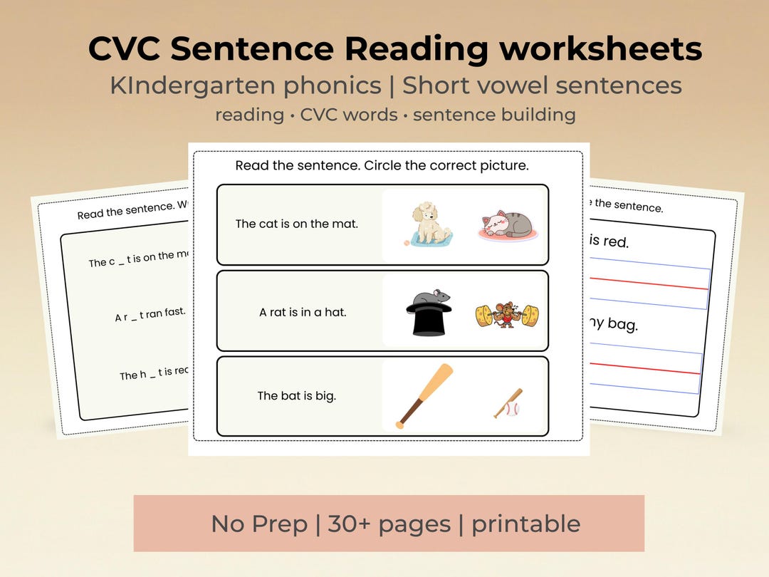 CVC Sentence Reading Worksheets | Kindergarten Phonics Practice (PDF ...