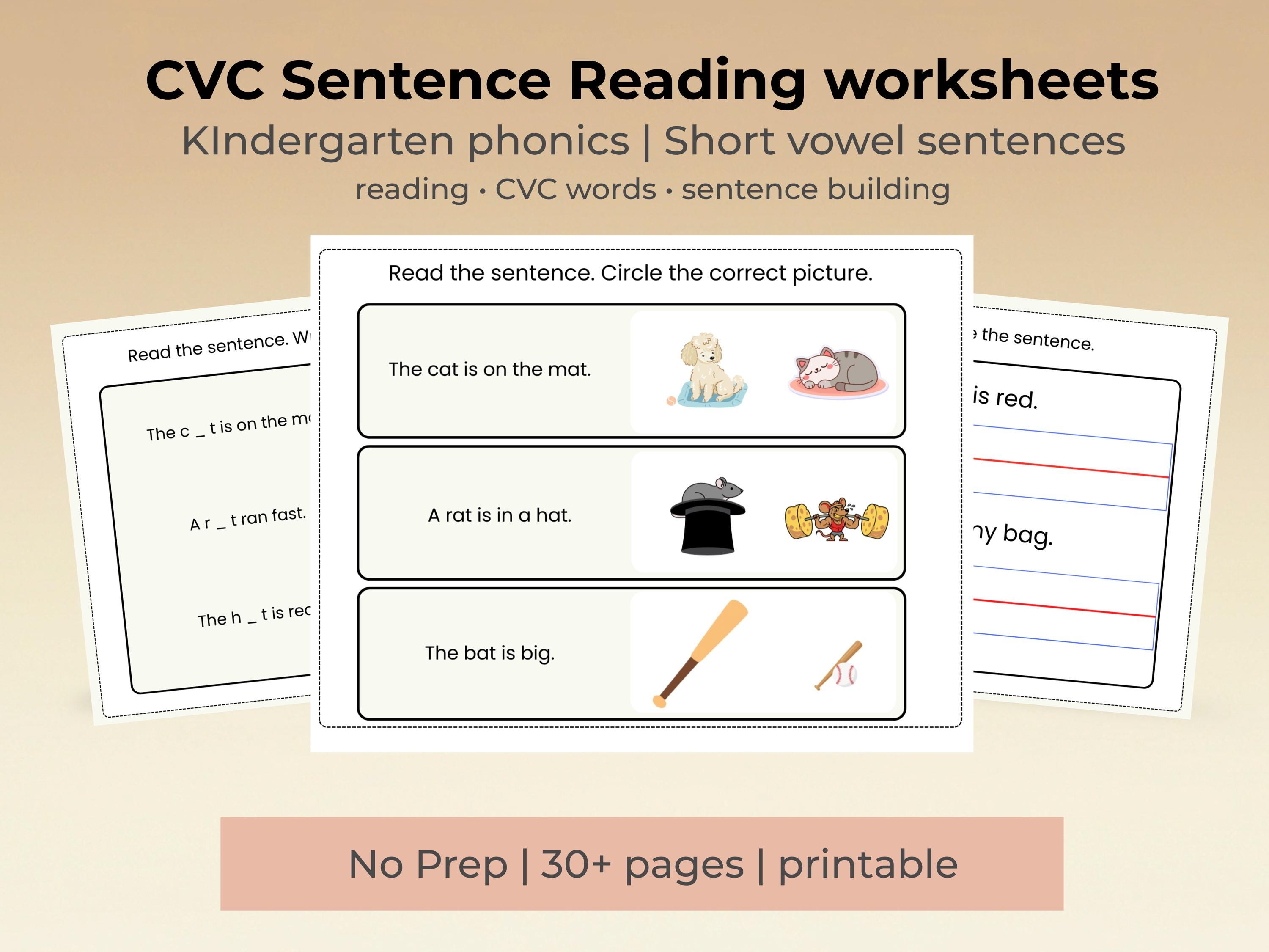 CVC Sentence Reading Worksheets | Kindergarten Phonics Practice (PDF ...