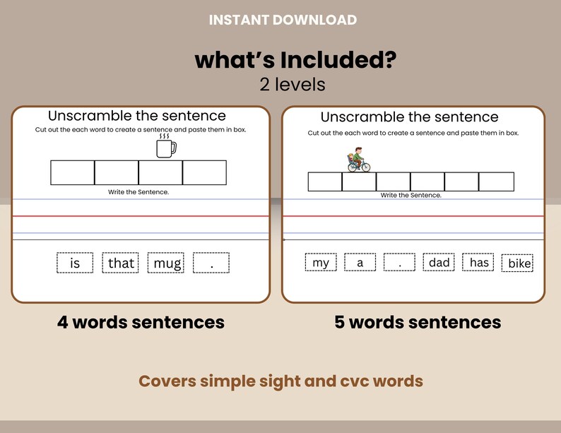 CVC Words Sentence Building Worksheets | Cut and Paste Phonics Workbook ...