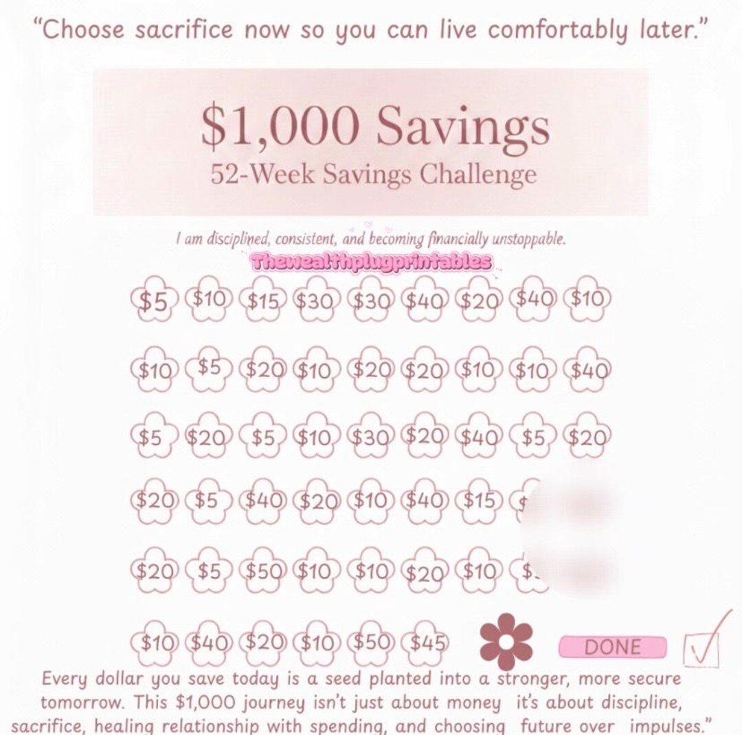 1,000 Saving Challenge 52 Weeks - Etsy