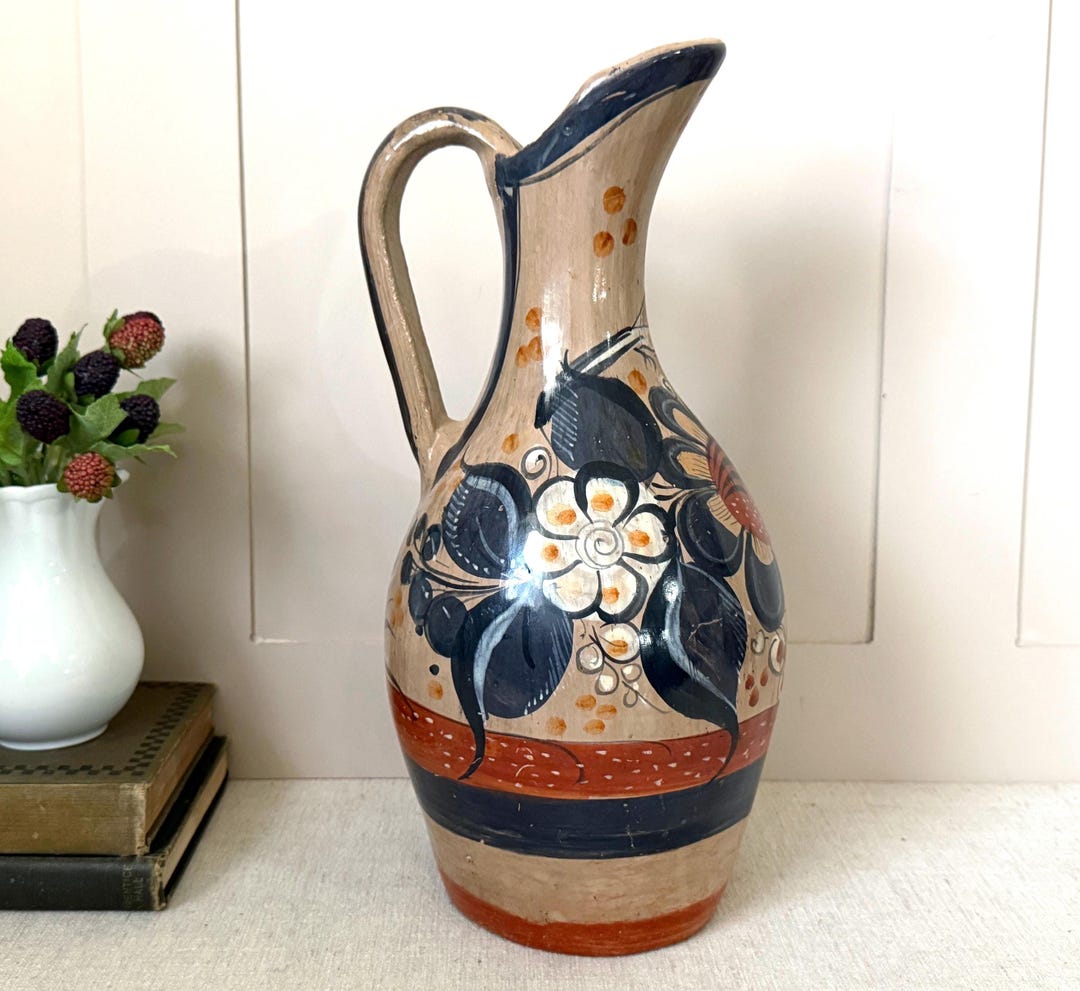 Vintage Hand-painted Mexican Pottery Pitcher • Floral Folk Art Decor - Etsy
