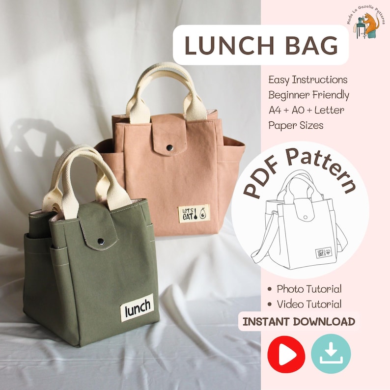 Lunch Bag Sewing Pattern, Tote Bag Video Tutorial, PDF A4/a0/letter ...