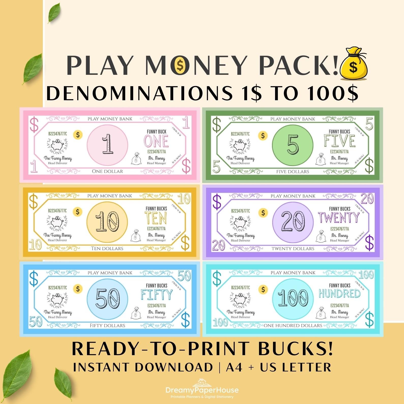 Printable Play Money Dollars for Kids Pretend Play Classroom Currency ...