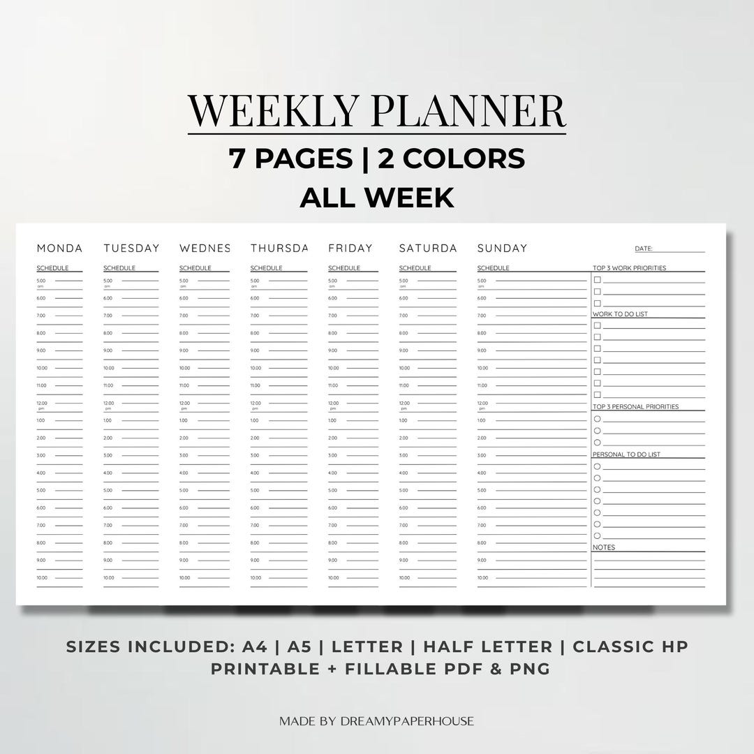 Minimalist Weekly Planner Printable | Work & Personal Schedule PDF, PNG ...