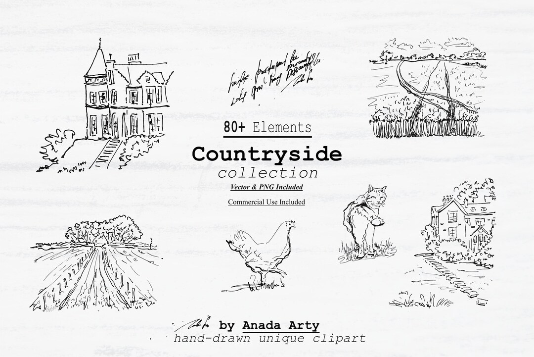 Vintage Countryside Clipart SVG Bundle, Hand Drawn Icons (digital ...