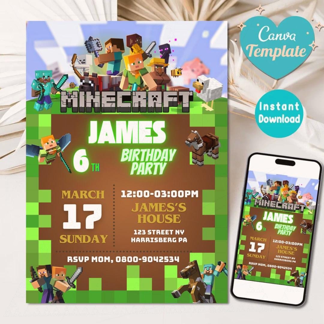 Editable Pixel Birthday Invitation Block Party Invite Gamer Birthday ...