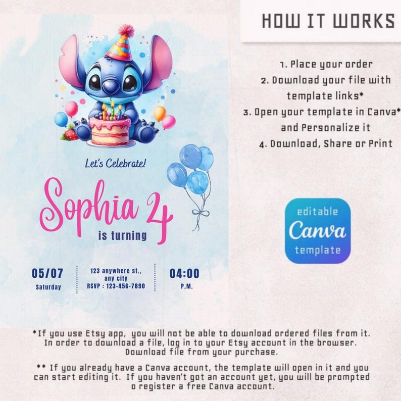 Stitch Birthday Invitation Template: Printable Kids Party Invite ...