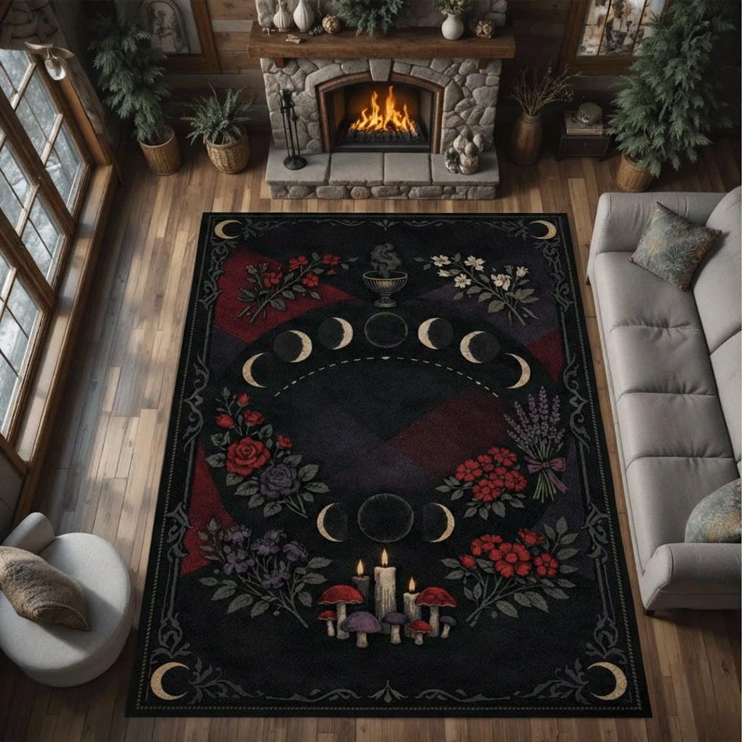 Gothic Moon Phases Floral Area Rug - Etsy
