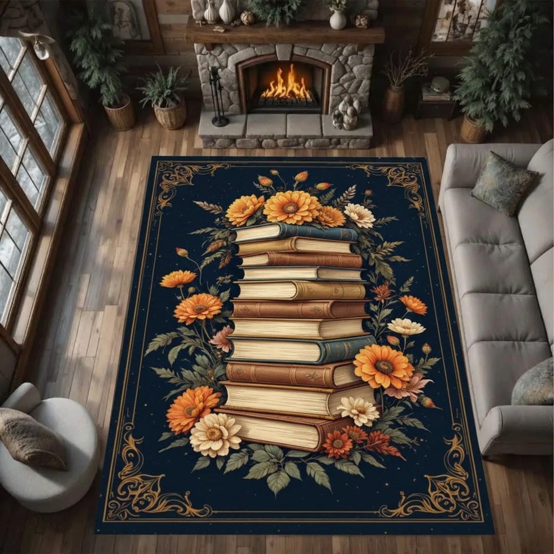 Vintage Book Floral Rug Library Dark Blue - Etsy