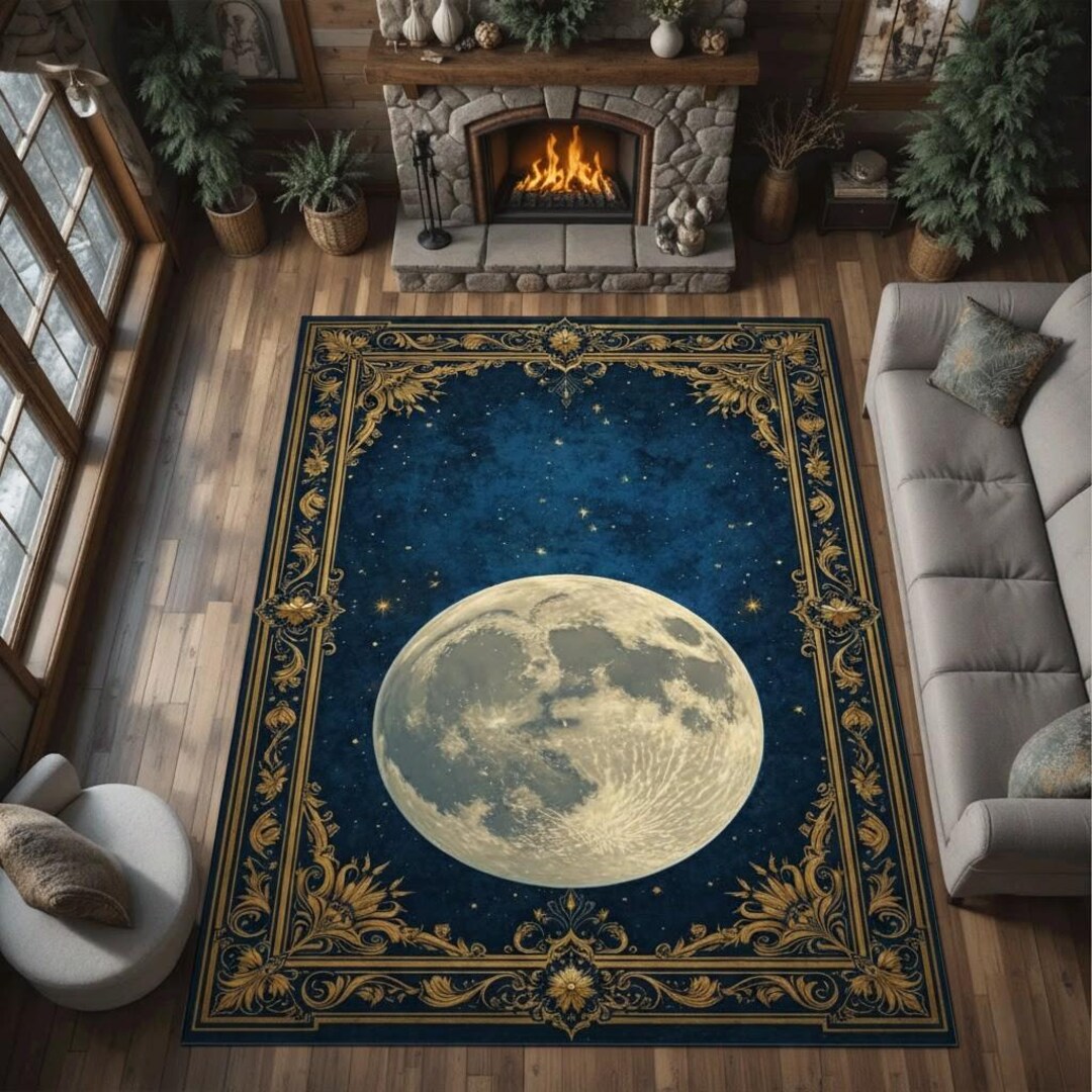 Celestial Moon Area Rug, Gothic Gold Frame, Navy Astrology Decor - Etsy