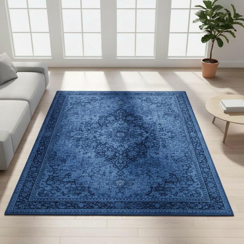 Blue Vintage Oriental Area Rug Floral Medallion Pattern Distressed ...