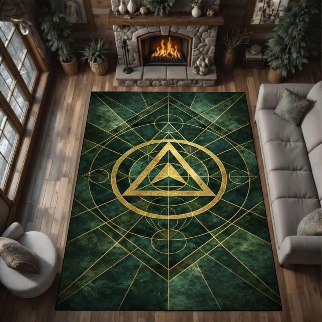 Sacred Geometry Rug, Alchemy Symbol Design, Emerald Gold Gothic Carpet ...