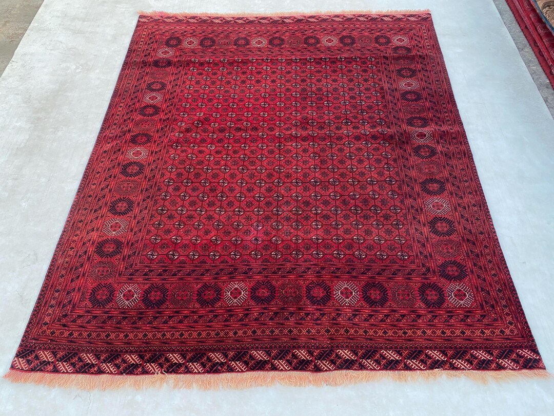 Vintage Afghan Rug 6.4x7.5: Red Wool Bukhara Mori Gul Carpet - Etsy