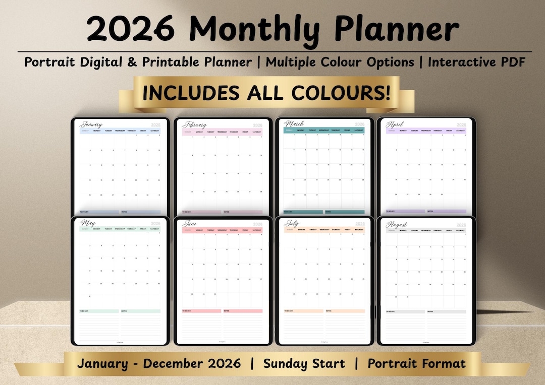 2026 Portrait Monthly Planner Printable | Hyperlinked Digital Planner ...