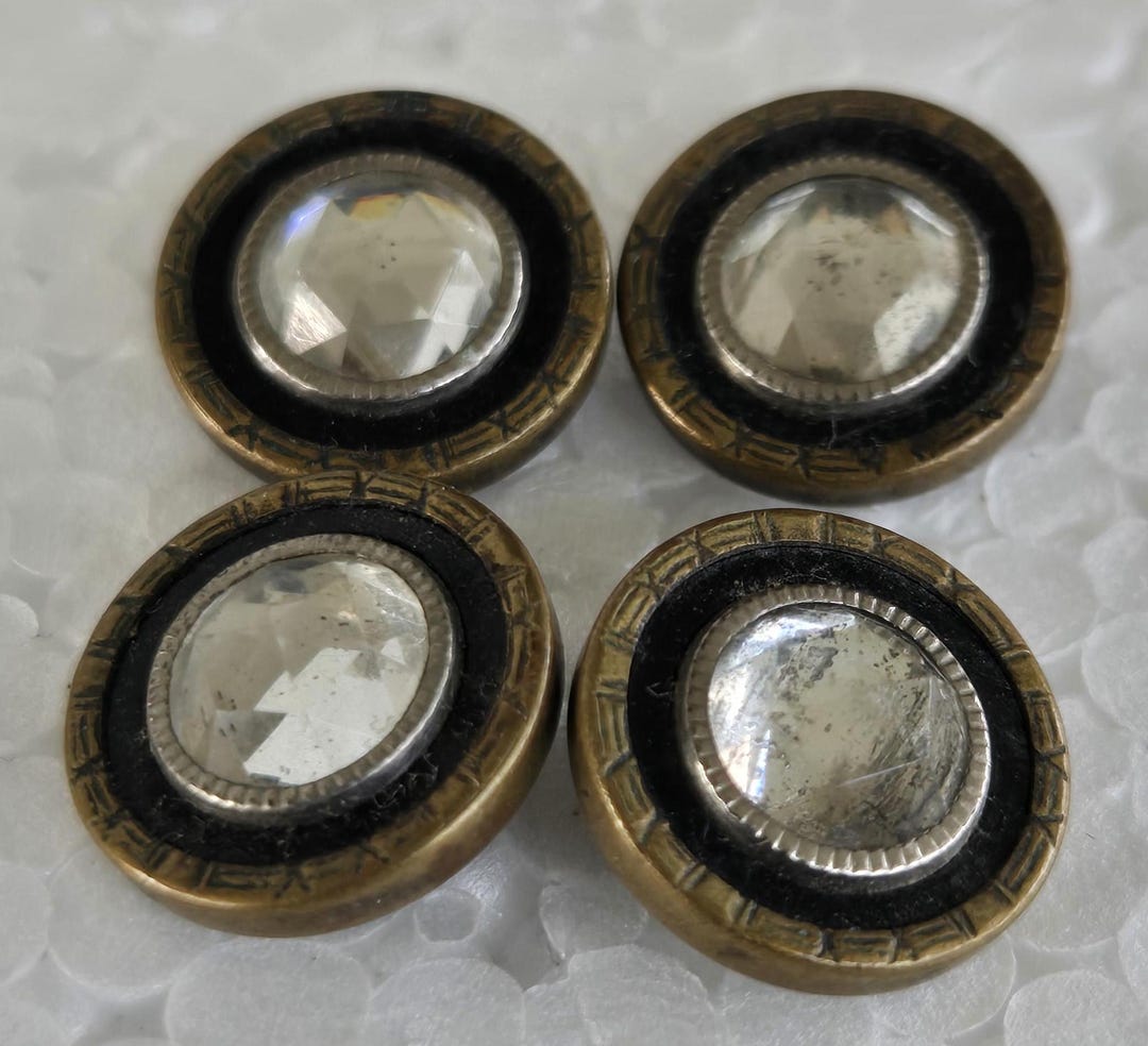 Art Deco Rhinestone Buttons: Black Celluloid, Silver Tone Bezel (set of ...