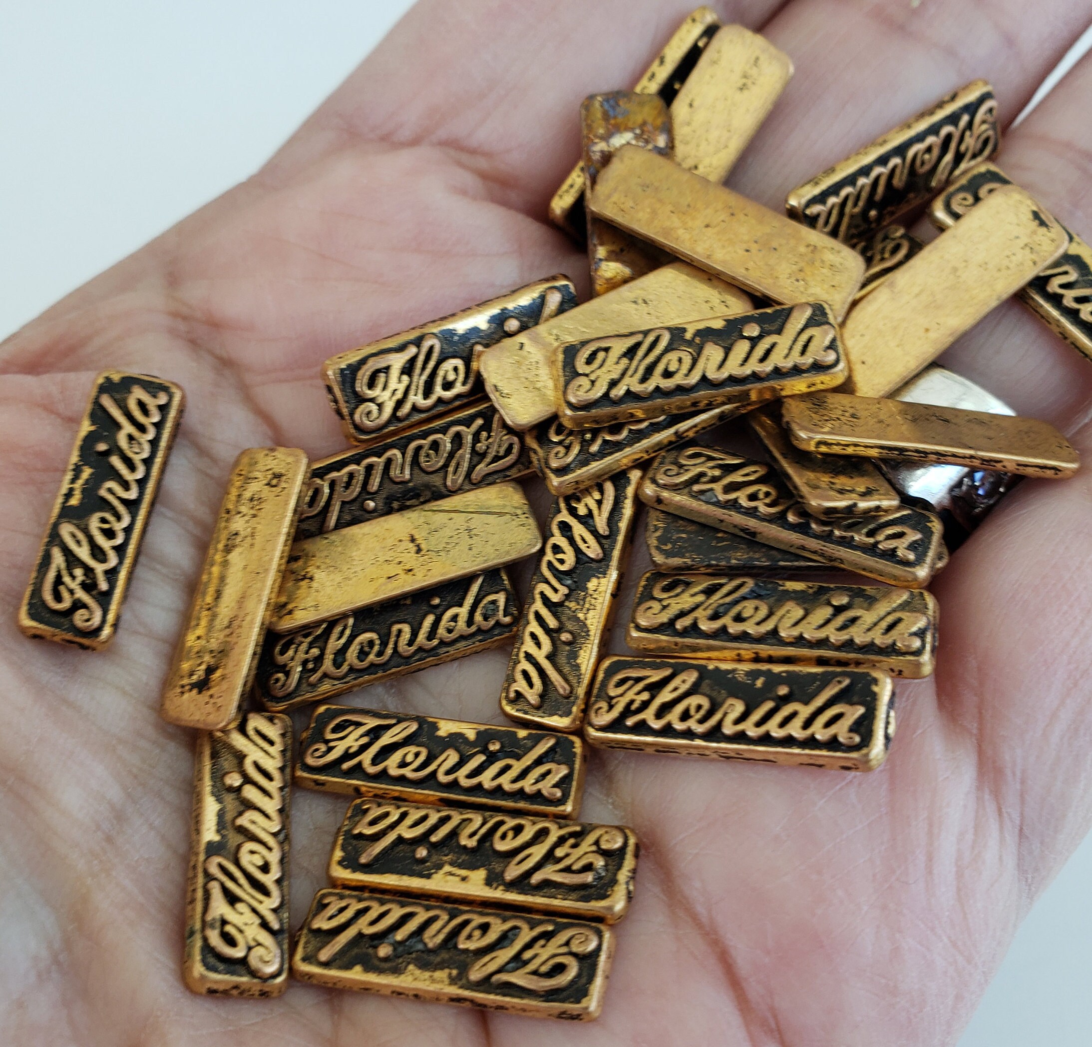 4 Vintage FLORIDA Name State Tag Bar Gold Plated Plastic 11/16" X 1/4 ...
