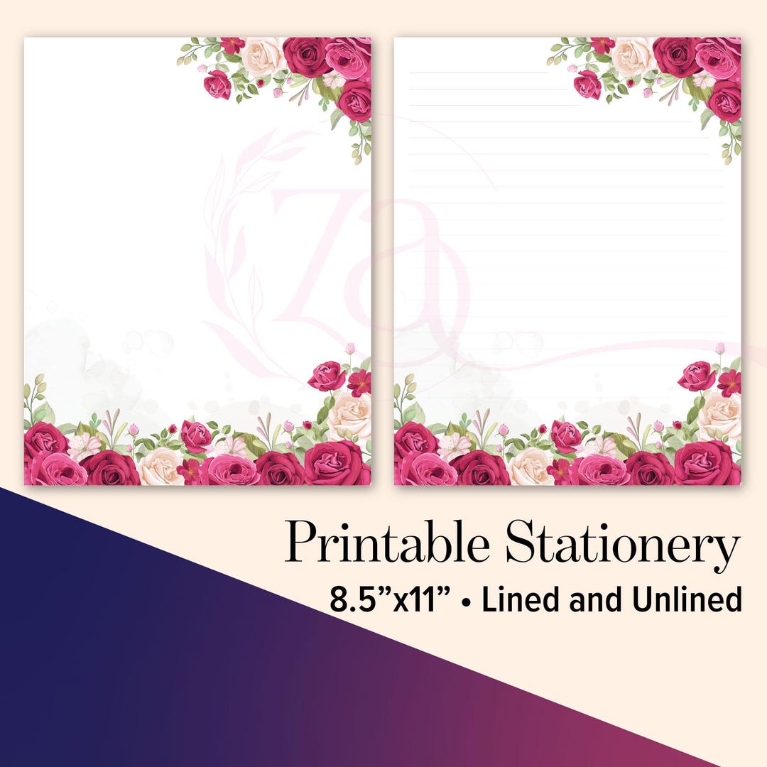 US Letter Red Roses Stationery Pad | Digital Download | Lined & Unlined ...