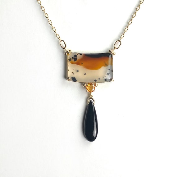 Agate Pendant Set in Solid 14K Gold Art Deco Inspired Handmade | Etsy