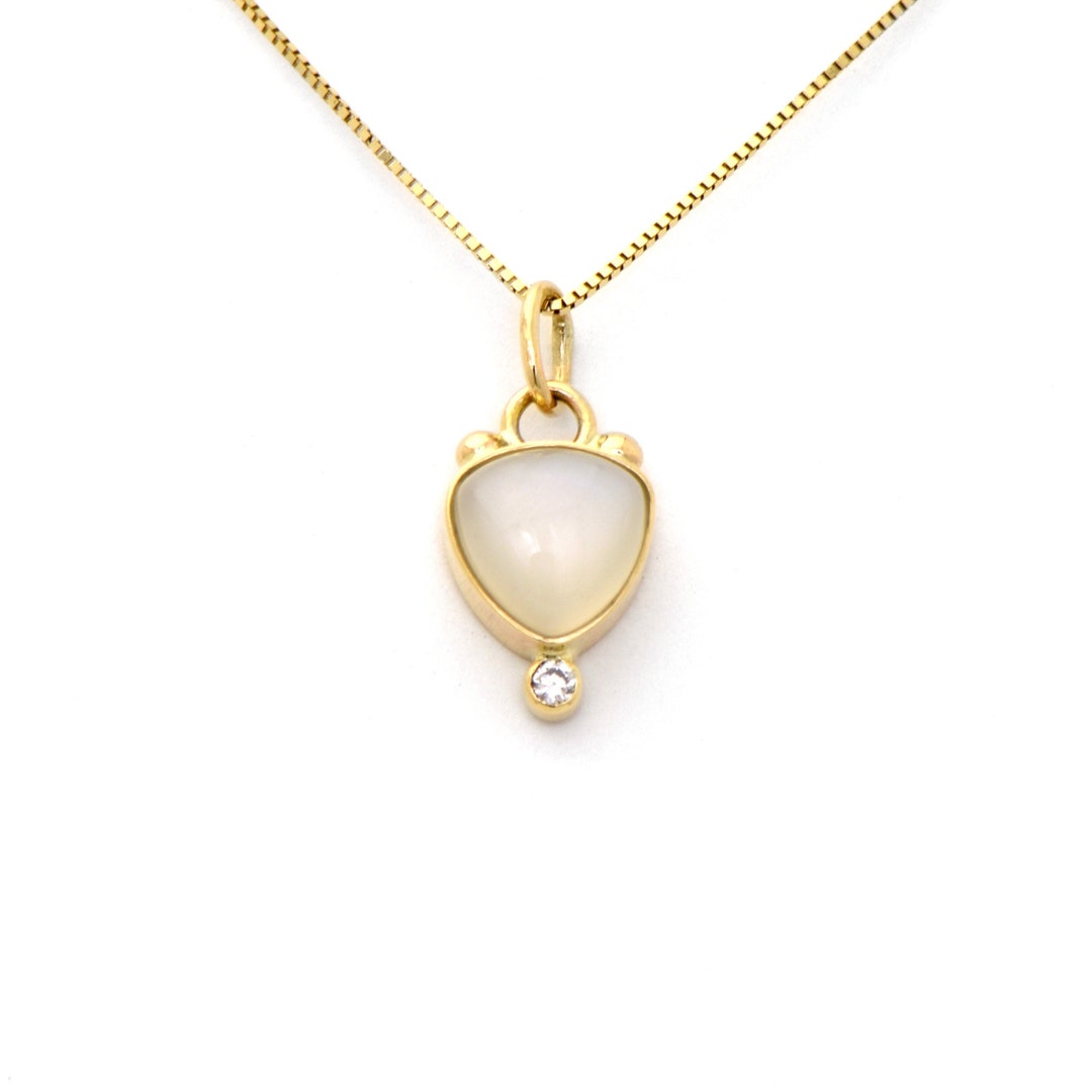 Moonstone and Diamond Charm Pendant Surrounded in 14k Solid Yellow Gold ...