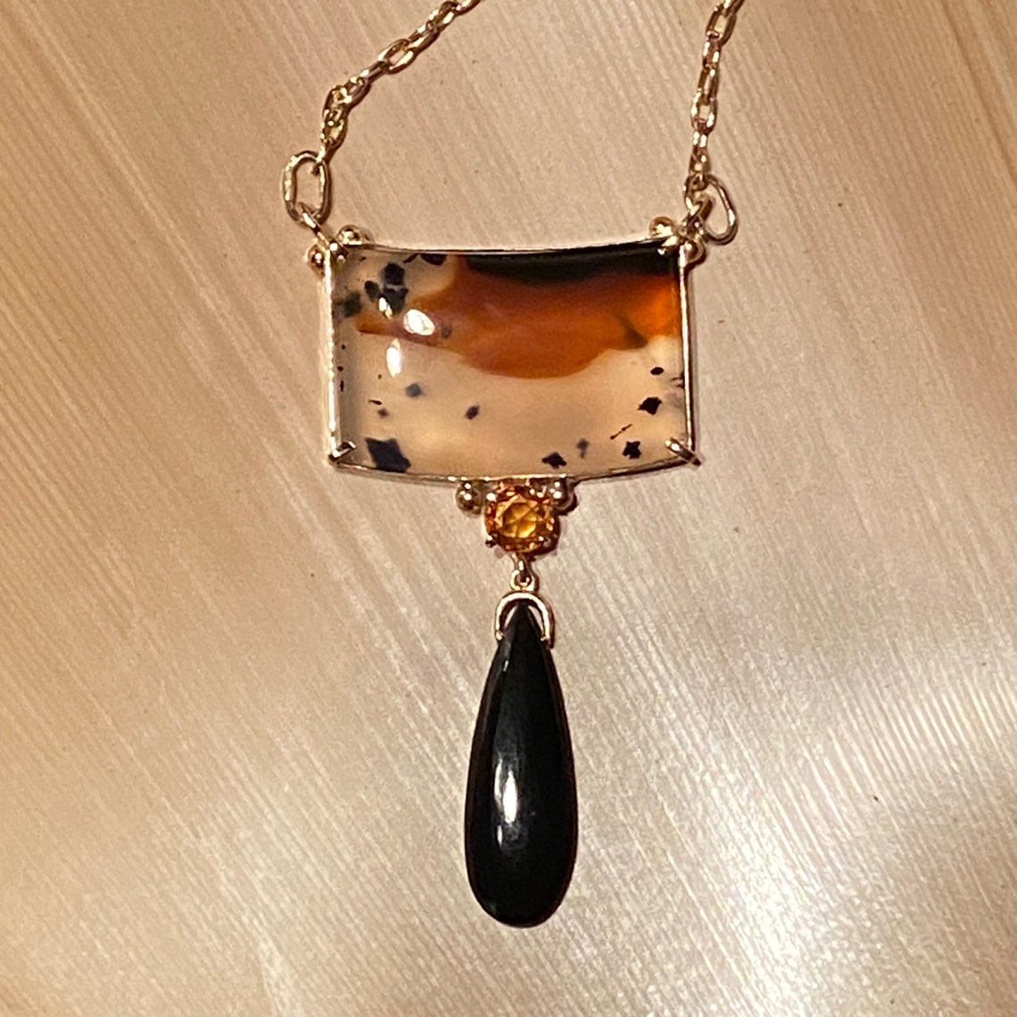 Agate Pendant Set in Solid 14K Gold Art Deco Inspired Handmade - Etsy