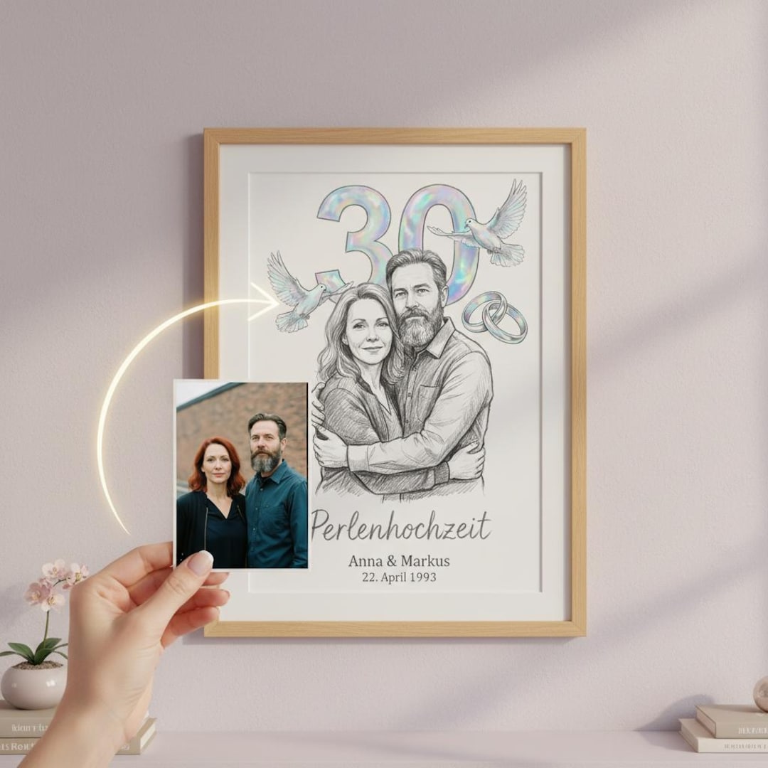 Personalized Pencil Drawing With Color Accents for a Pearl Wedding ...
