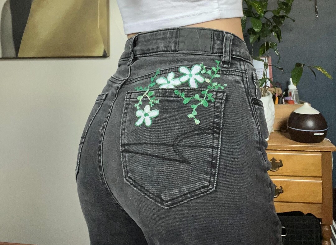 Floral Embroidered Jeans - Etsy