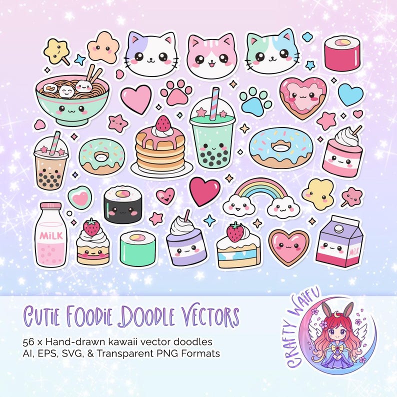 Cutie Foodie Doodles | 56 Hand-drawn Kawaii Food Clipart, Pastel Vector ...