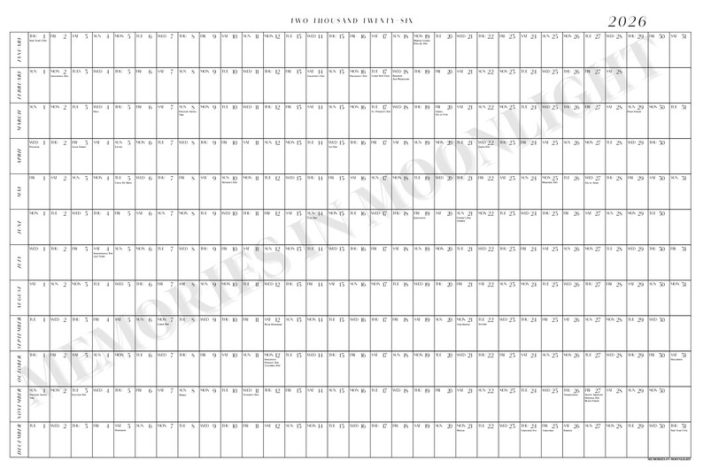 Supersized Full Year 2026 Calendar With Holidays- 3 Version Instant ...