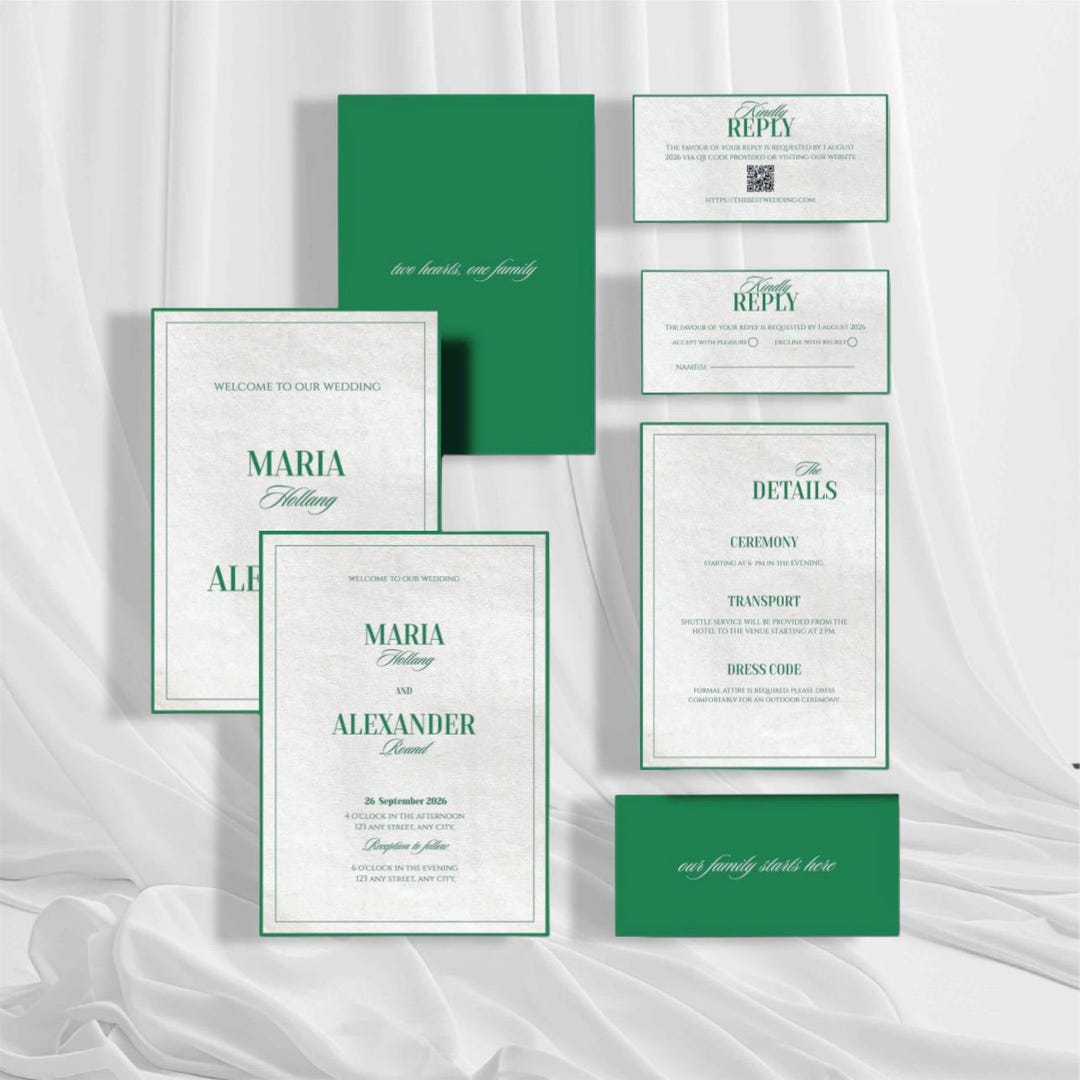 Old Money Emerald Green Wedding Invitation Set, Luxury Editable Wedding ...