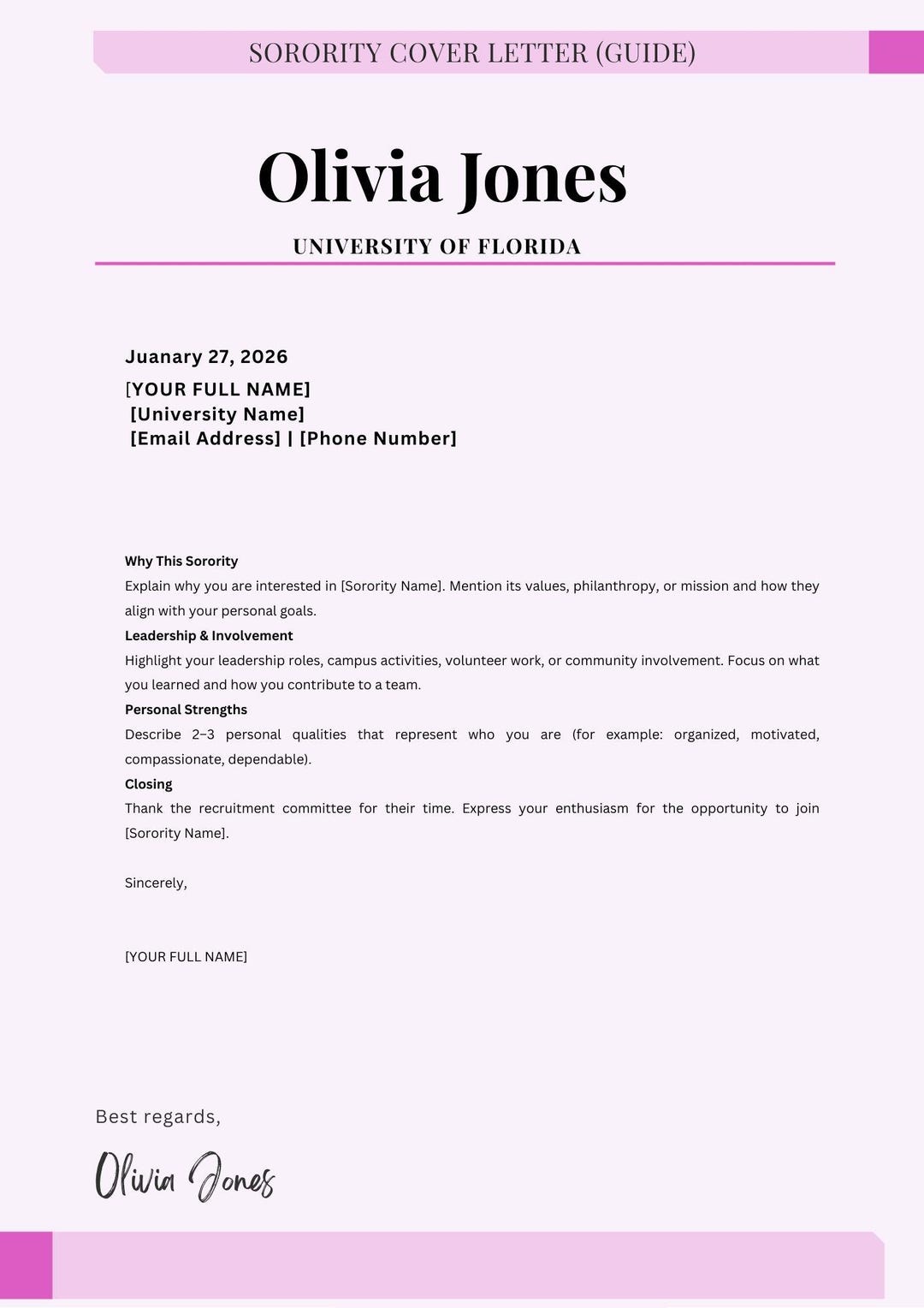 Sorority Cover Letter Template Canva | Recruitment Cover Letter | A4 ...