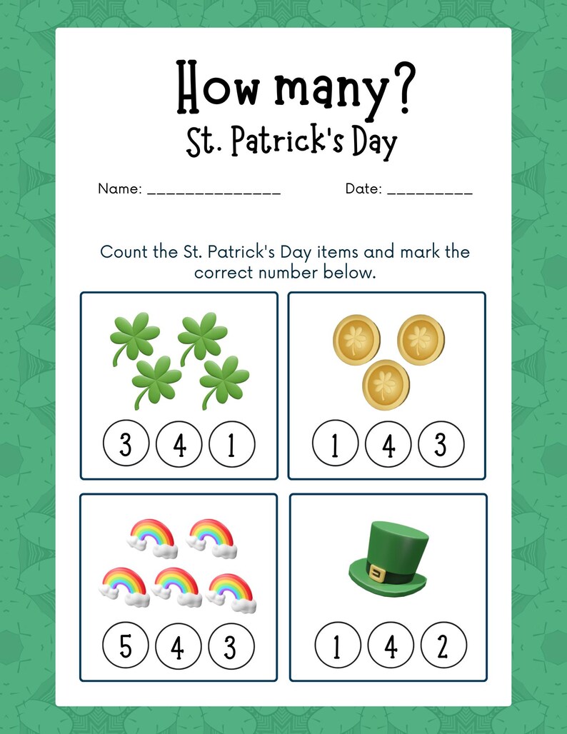 ST Patty Day 5 Counting Worksheets | Printable | Instant Download ...