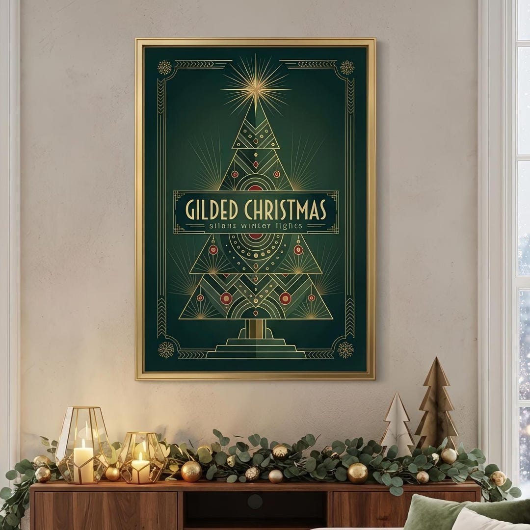 Gilded Christmas Tree Art Deco Poster, Green Gold Holiday Wall Art ...