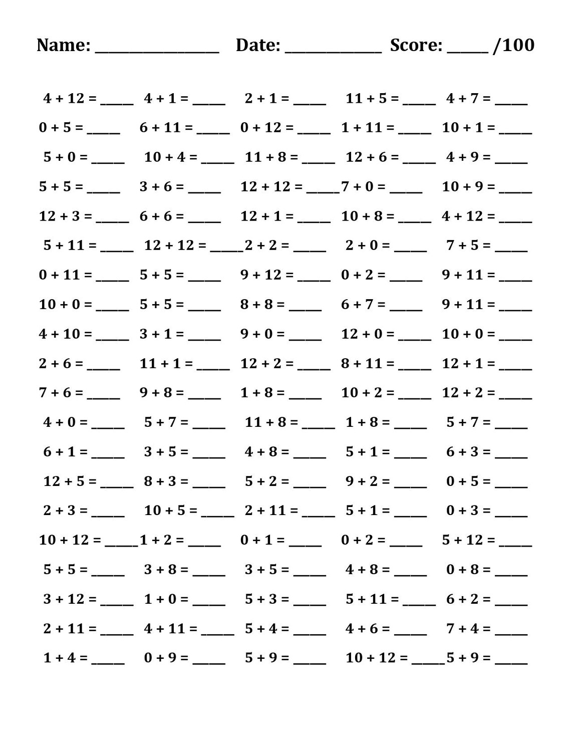 Addition Worksheets 1-12, Single & Double Digit, Maths Drills (PDF) - Etsy