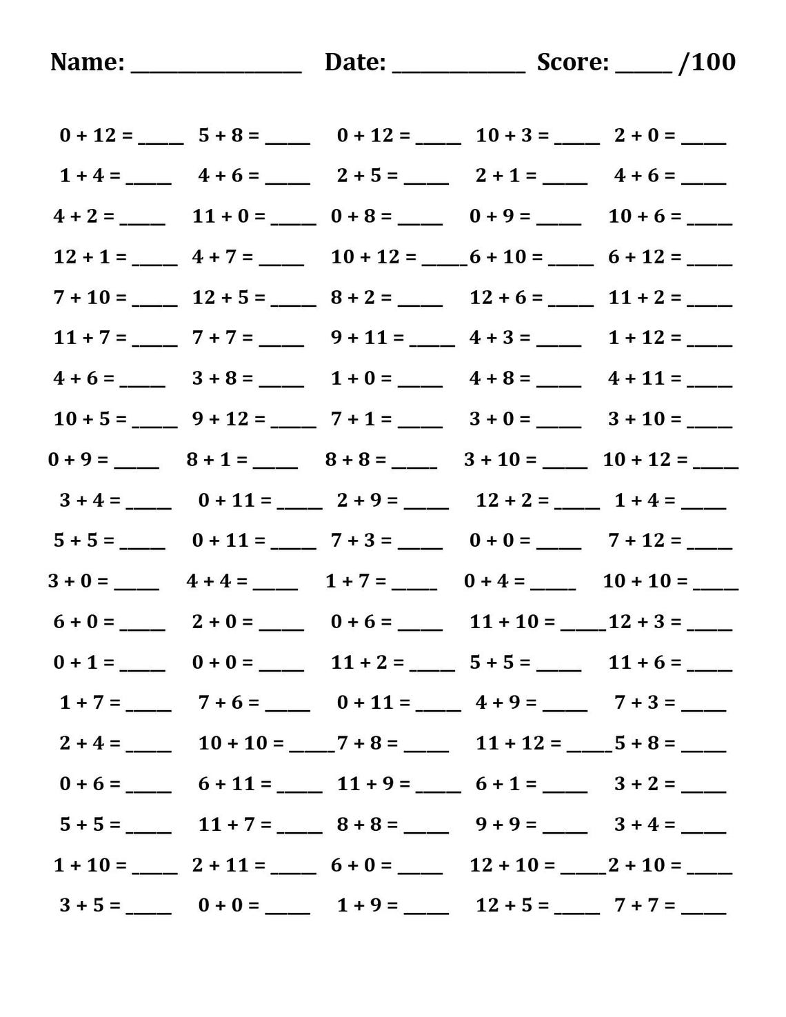 Addition Worksheets 1-12, Single & Double Digit, Maths Drills (PDF) - Etsy