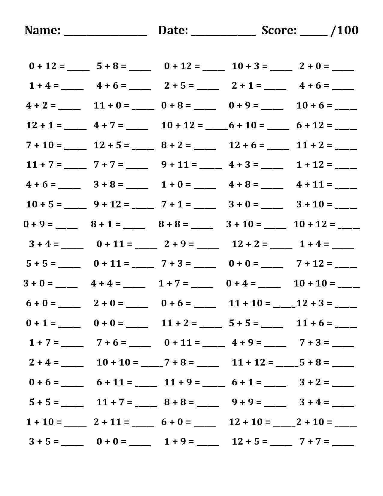 Addition Worksheets 1-12, Single & Double Digit, Maths Drills (PDF) - Etsy