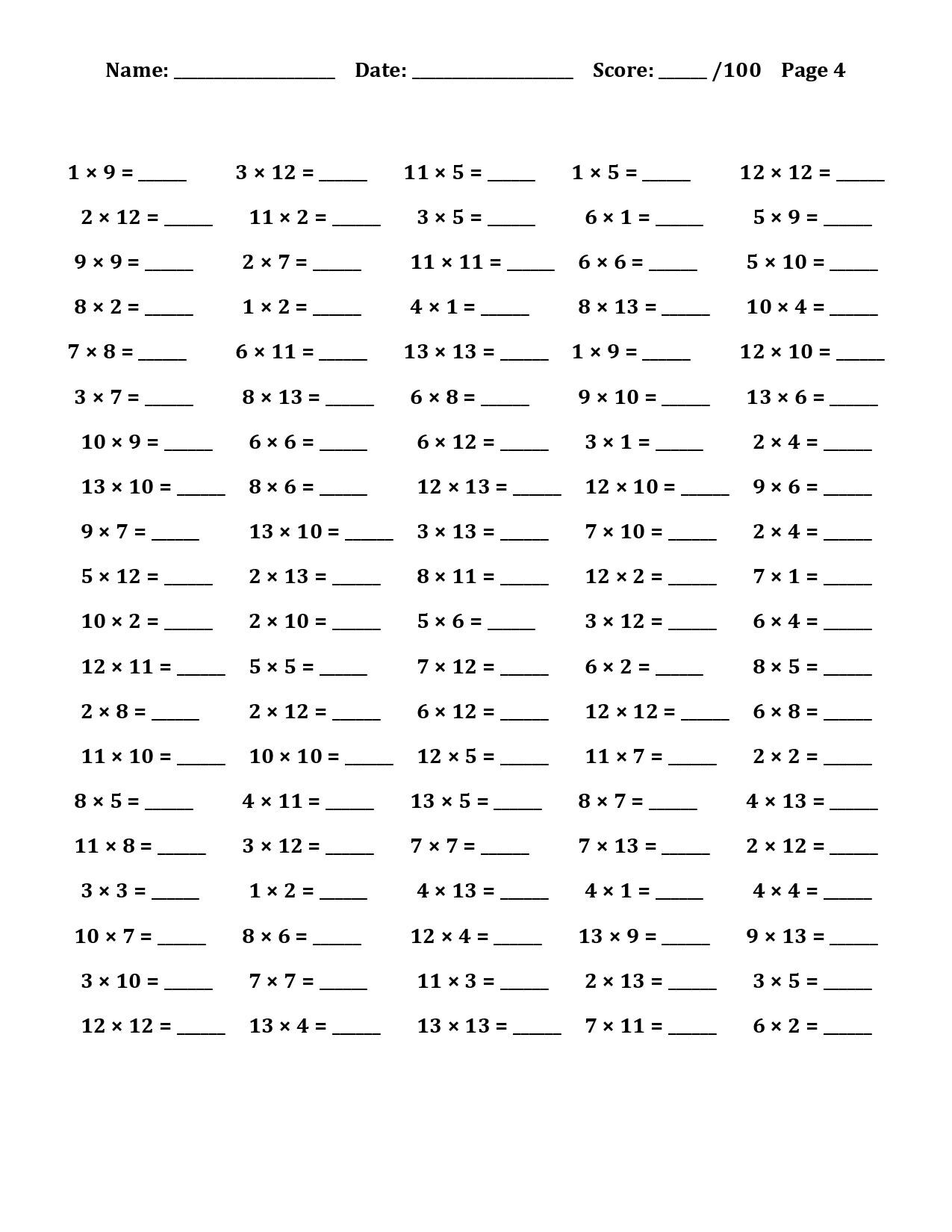 Multiplication Worksheets, Fill in Blanks, Math Drills (numbers 1-13 ...