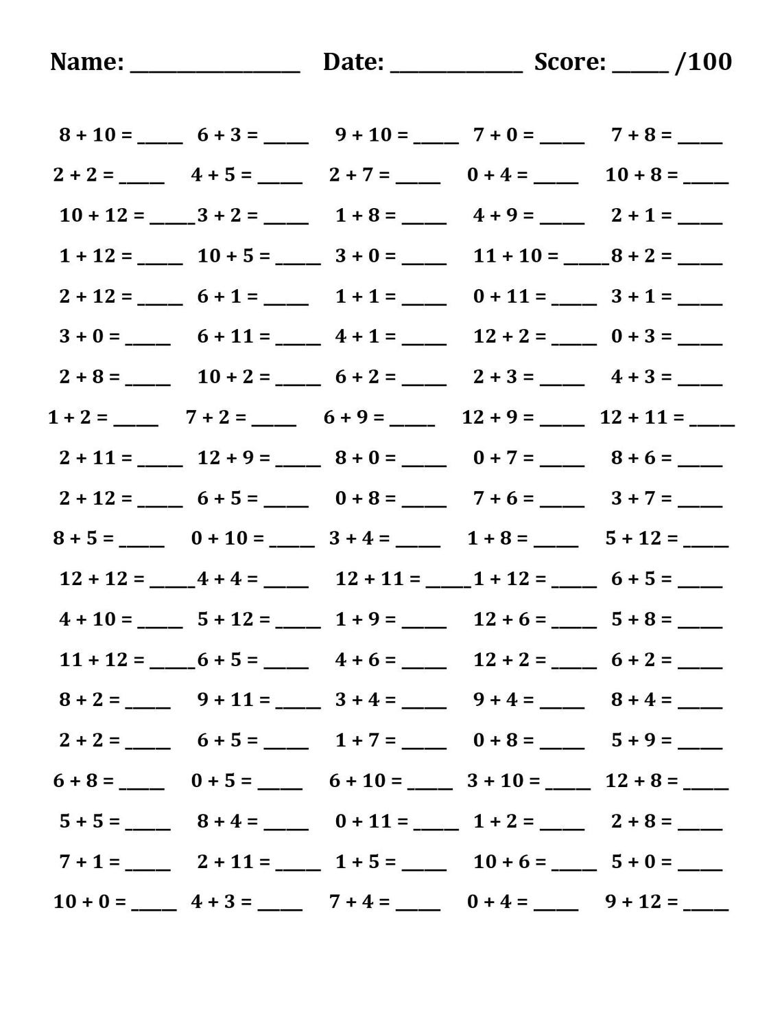 Addition Worksheets 1-12, Single & Double Digit, Maths Drills (PDF) - Etsy