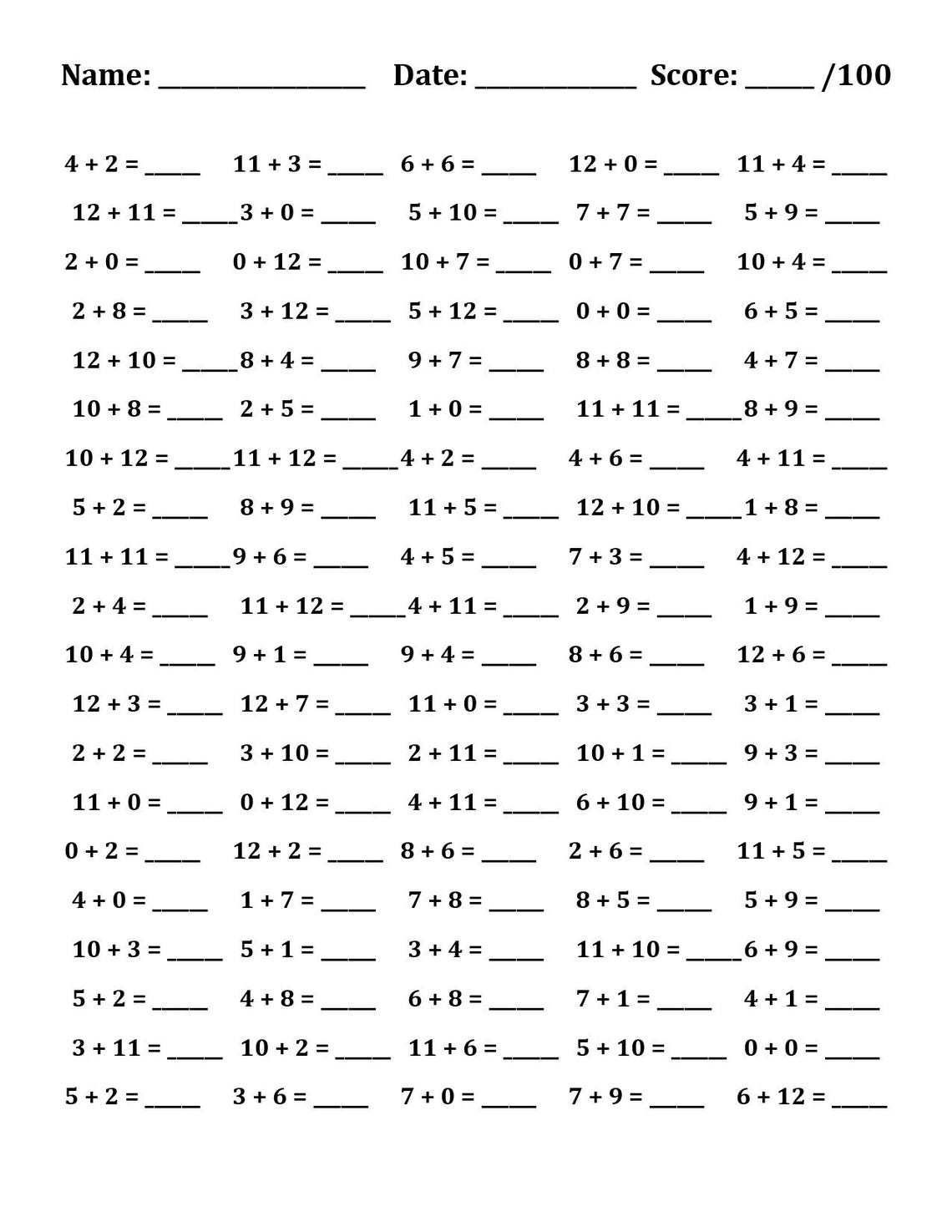 Addition Worksheets 1-12, Single & Double Digit, Maths Drills (PDF) - Etsy