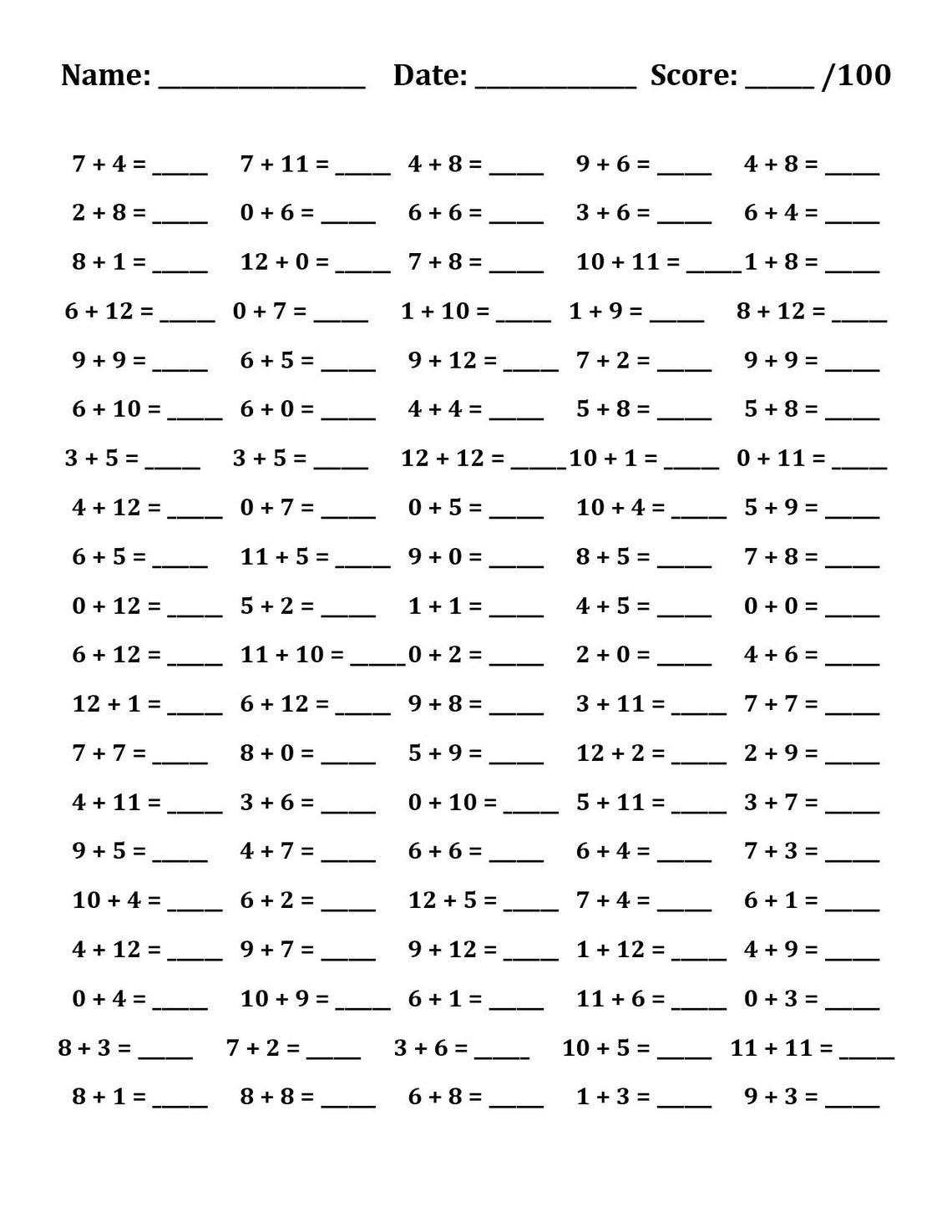 Addition Worksheets 1-12, Single & Double Digit, Maths Drills (PDF) - Etsy