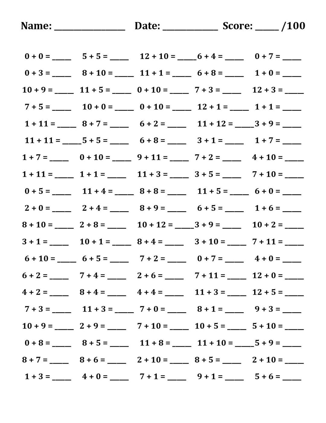 Addition Worksheets 1-12, Single & Double Digit, Maths Drills (PDF) - Etsy