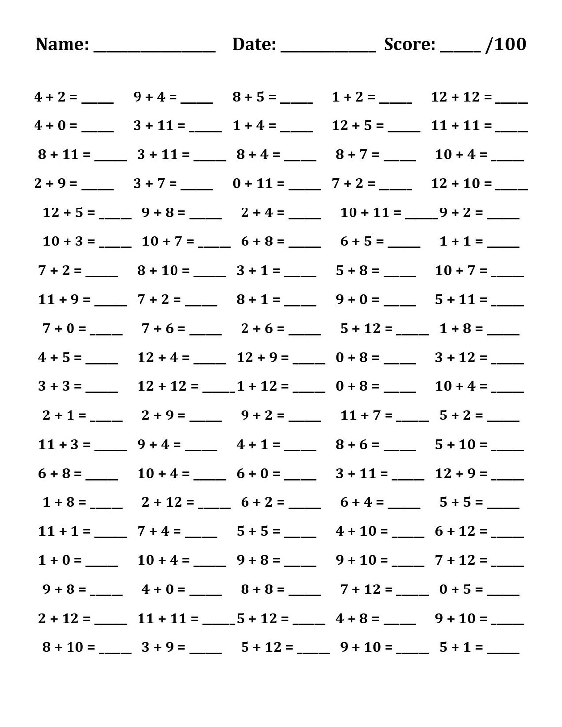 Addition Worksheets 1-12, Single & Double Digit, Maths Drills (PDF) - Etsy
