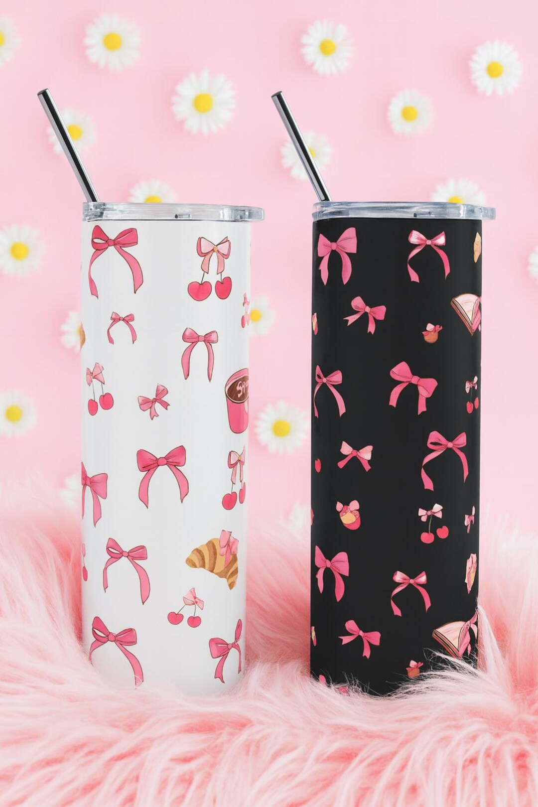 Pink 20oz Stainless Steel Tumbler: Bows, Cherries, Crossiants , and ...