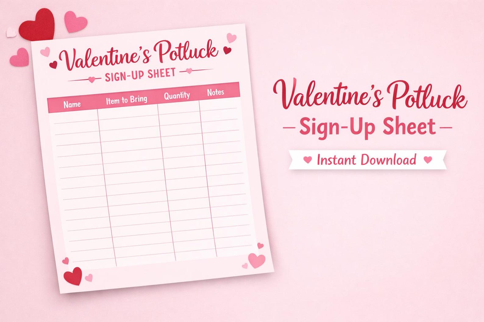 Valentine’s Day Potluck Sign-up Sheet Printable | Valentine Party Sign ...
